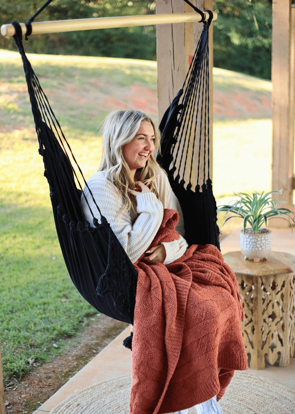 Black Macrame Crochet Hammock Chair Swing : Luxury Black Hanging Swing ...
