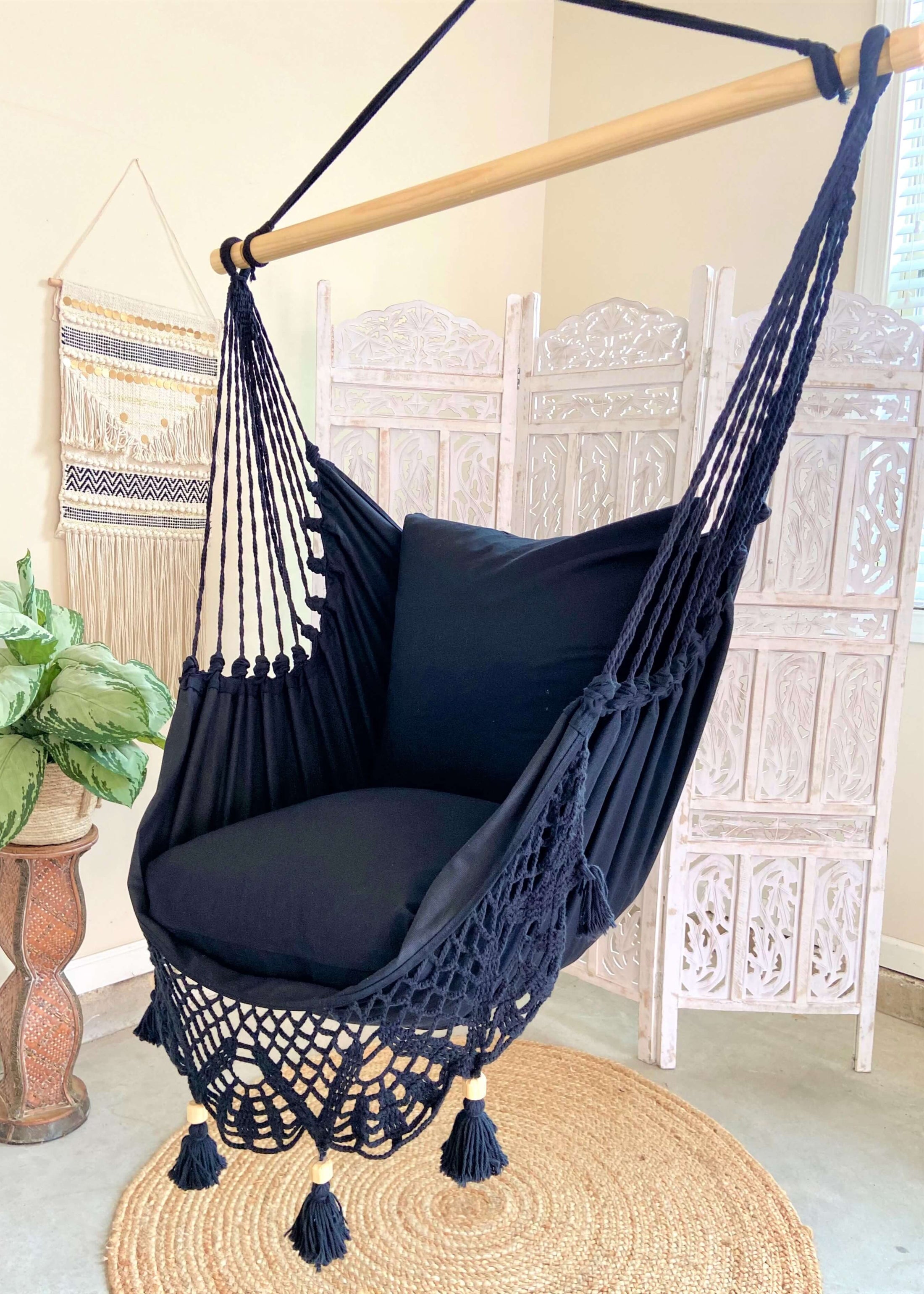Black Macrame Crochet Hammock Chair Swing | Luxury Black Hanging Swing ...