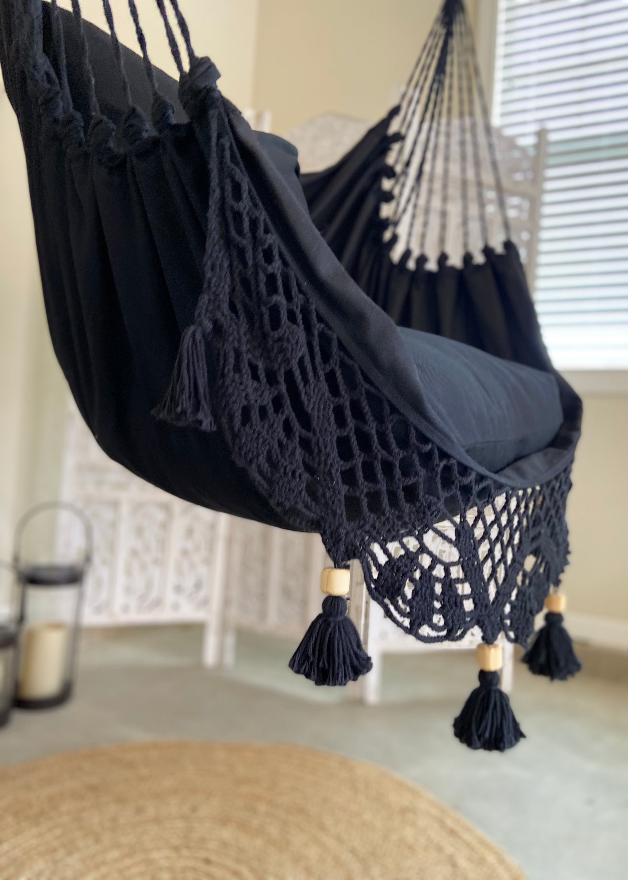 Black Macrame Crochet Hammock Chair Swing : Luxury Black Hanging Swing ...