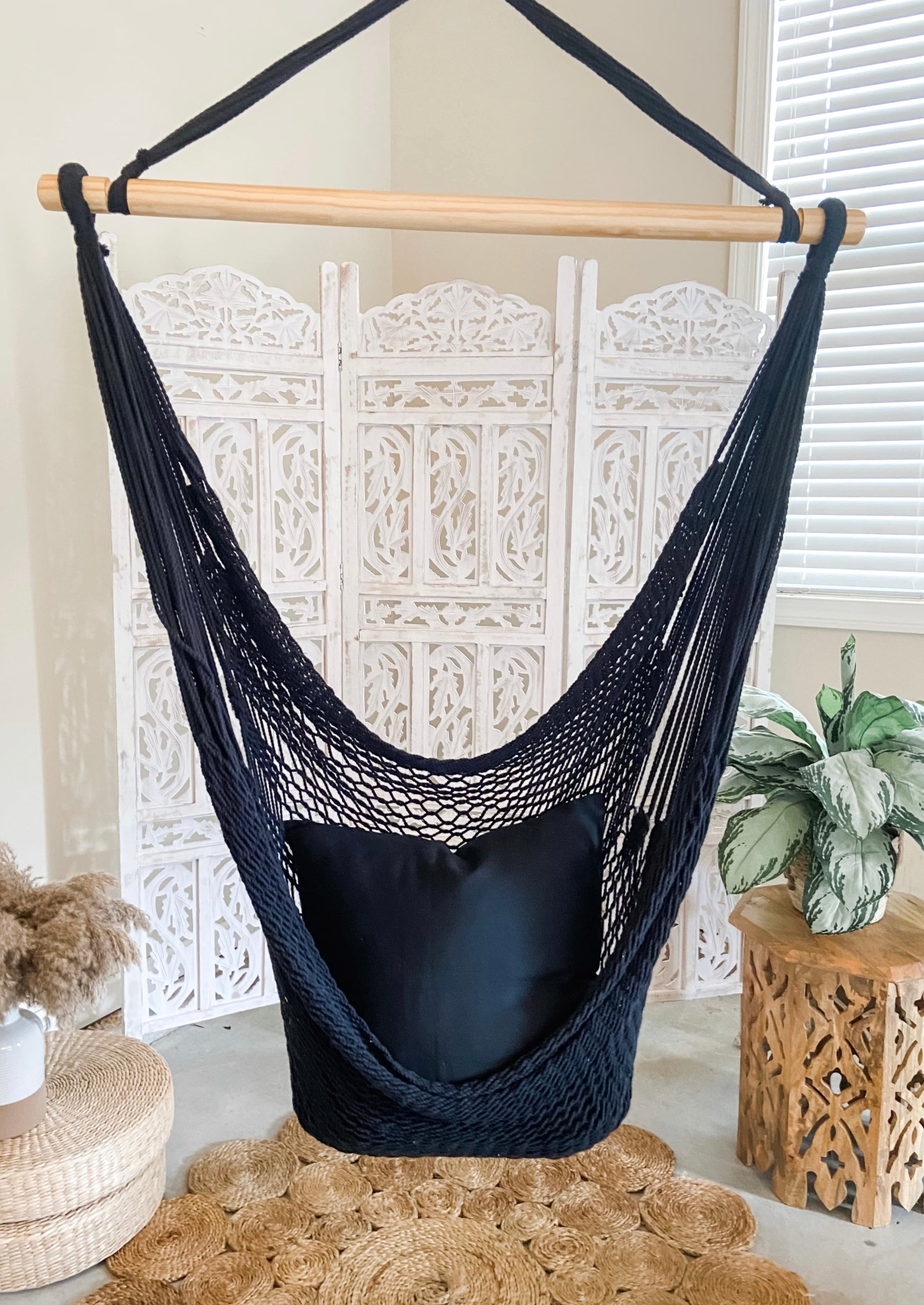 Black Rope Macrame Woven Hammock Swing | Garden Rope Hanging Chair ...